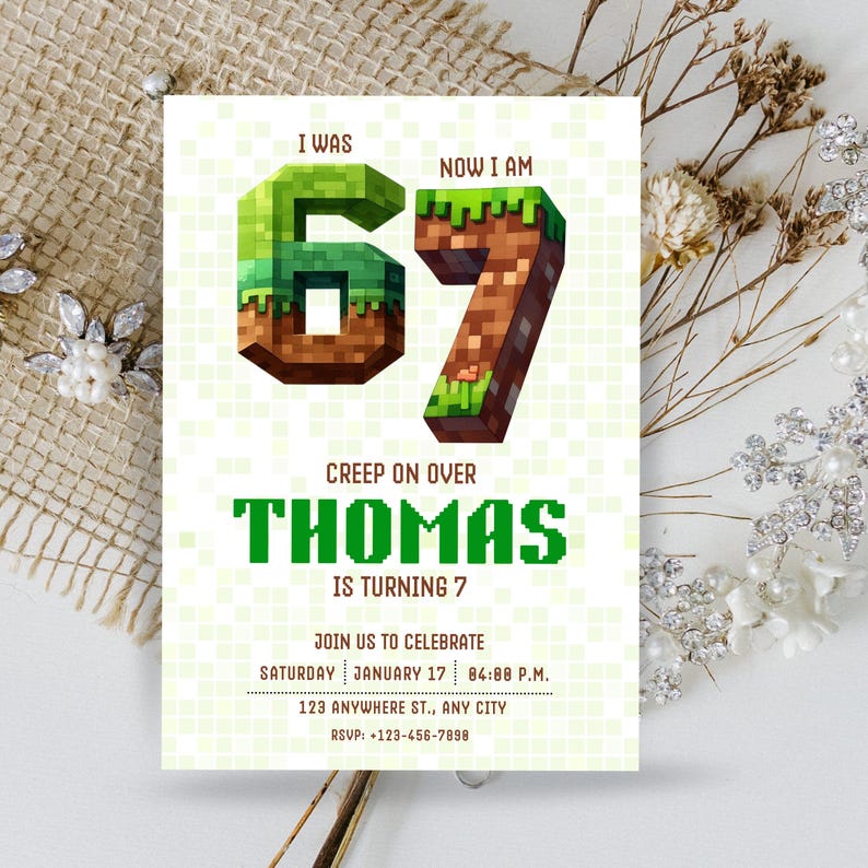 Six Seven Editable Pixel Block Birthday Party Invitation Template ...