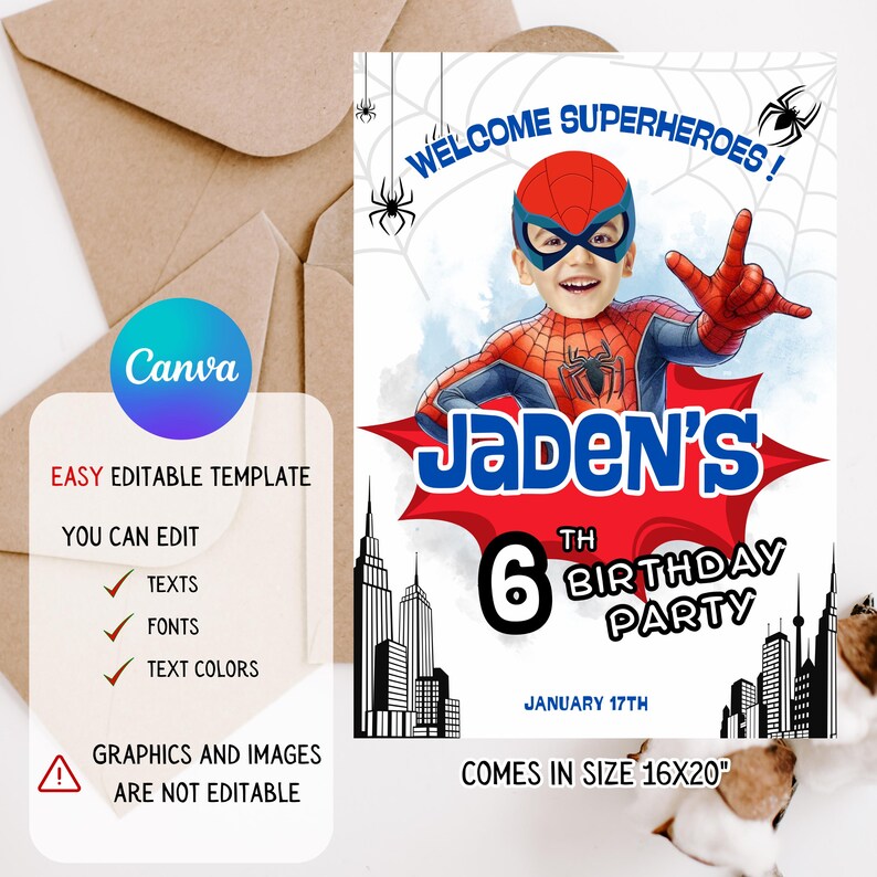 Personalised Face Spider Welcome Sign Spider Man Birthday Party ...