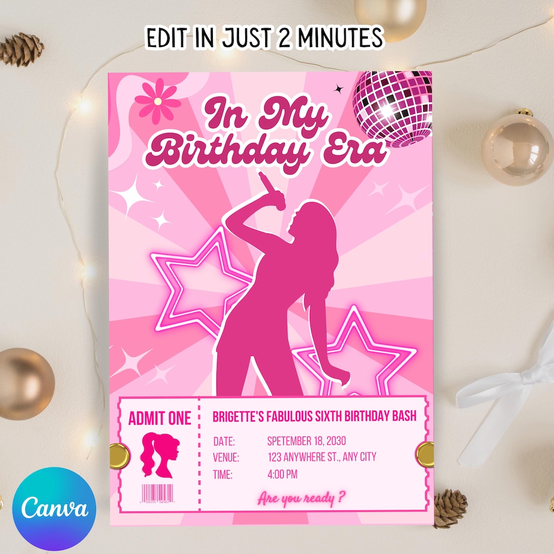 Swiftie Birthday Party Invitation | Pink Pop Star, Concert Ticket ...