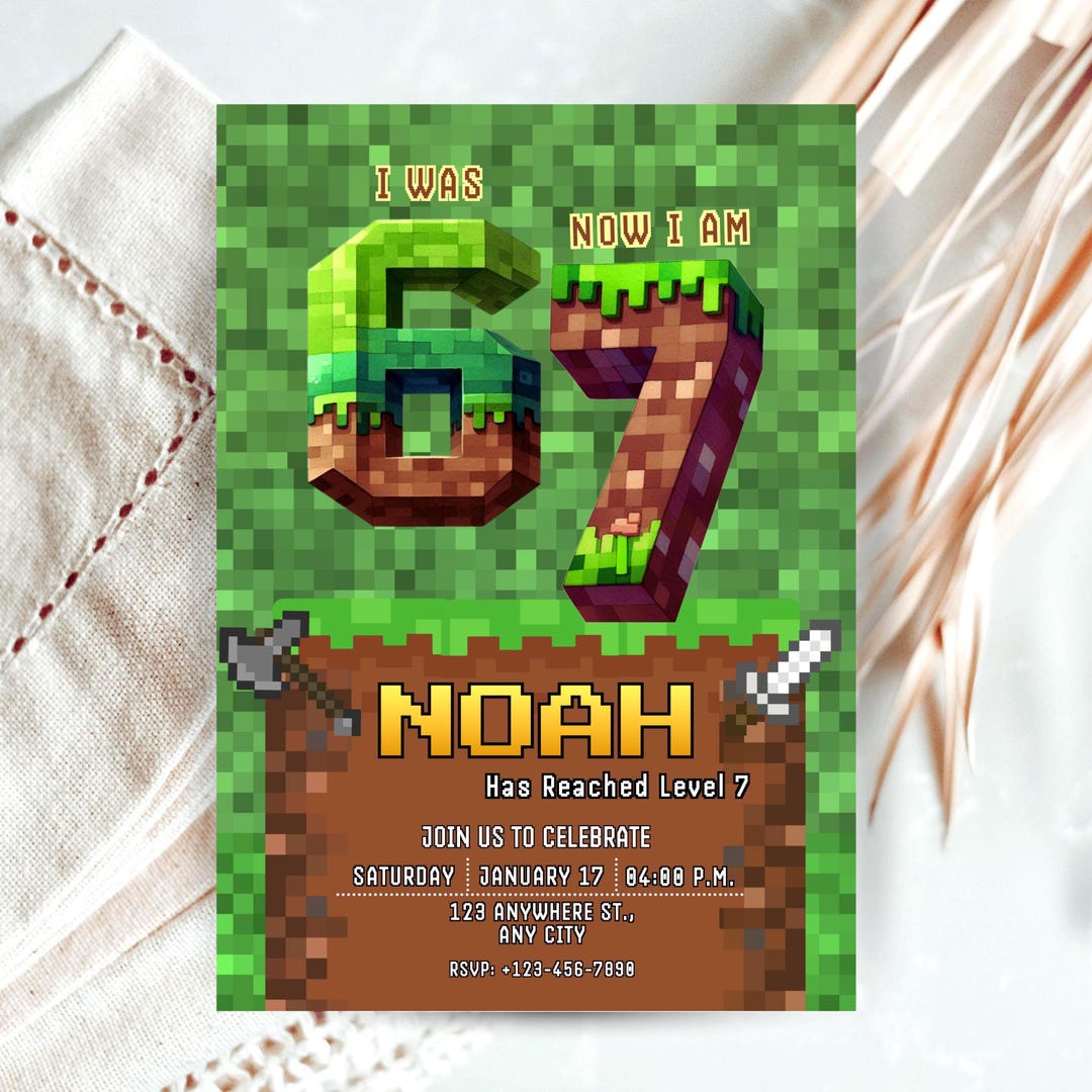 Six Seven Editable Pixel Block Birthday Party Invitation Template ...
