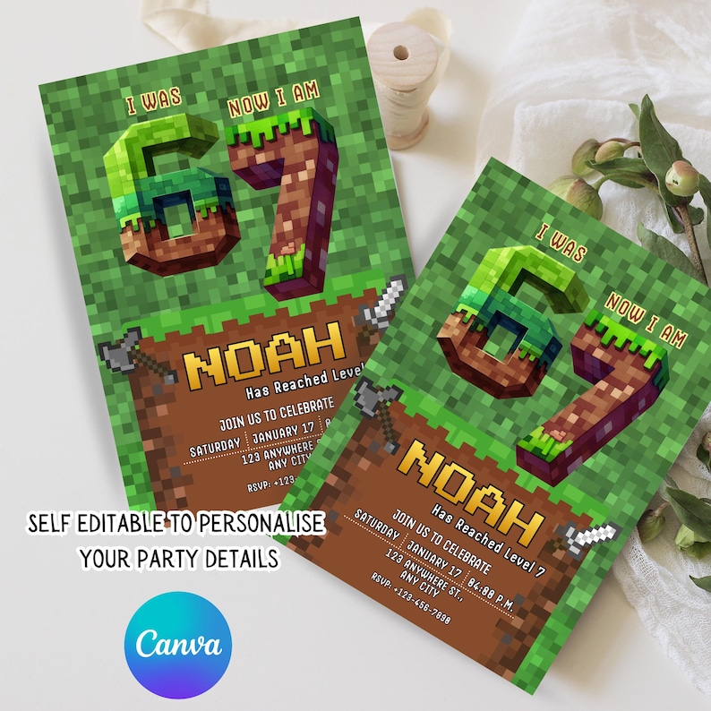 Six Seven Editable Pixel Block Birthday Party Invitation Template ...
