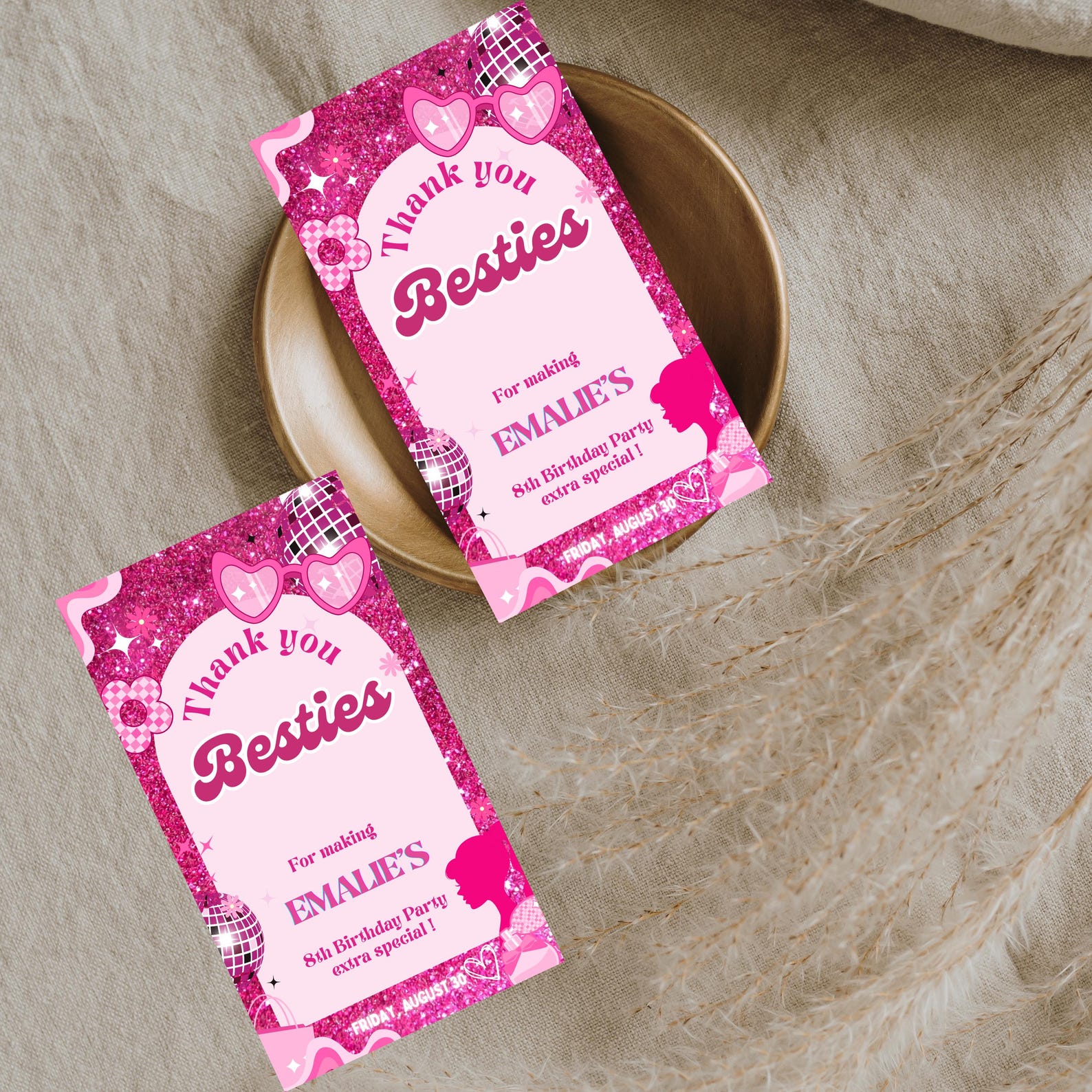 Editable Pink Doll Birthday Thank You Tag Glitter Stylish Girl Princess ...