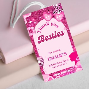 Editable Pink Doll Birthday Thank You Tag Glitter Stylish Girl Princess ...