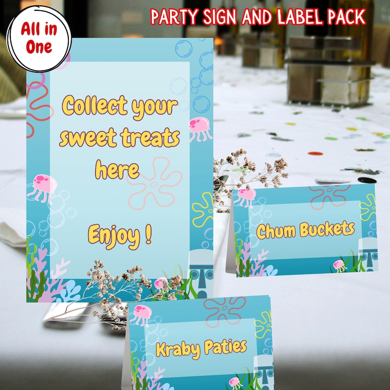 Sponge Under the Sea Food Labels: DIY Birthday Party Decor (canva ...