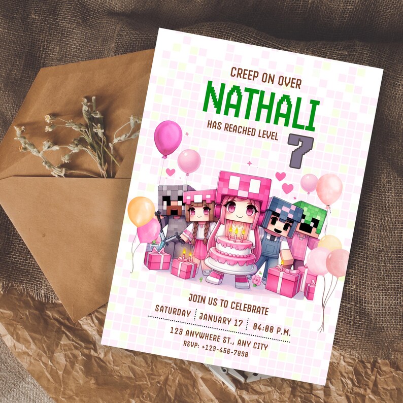 Convite de aniversário editável para festa temática de pixel art para ...