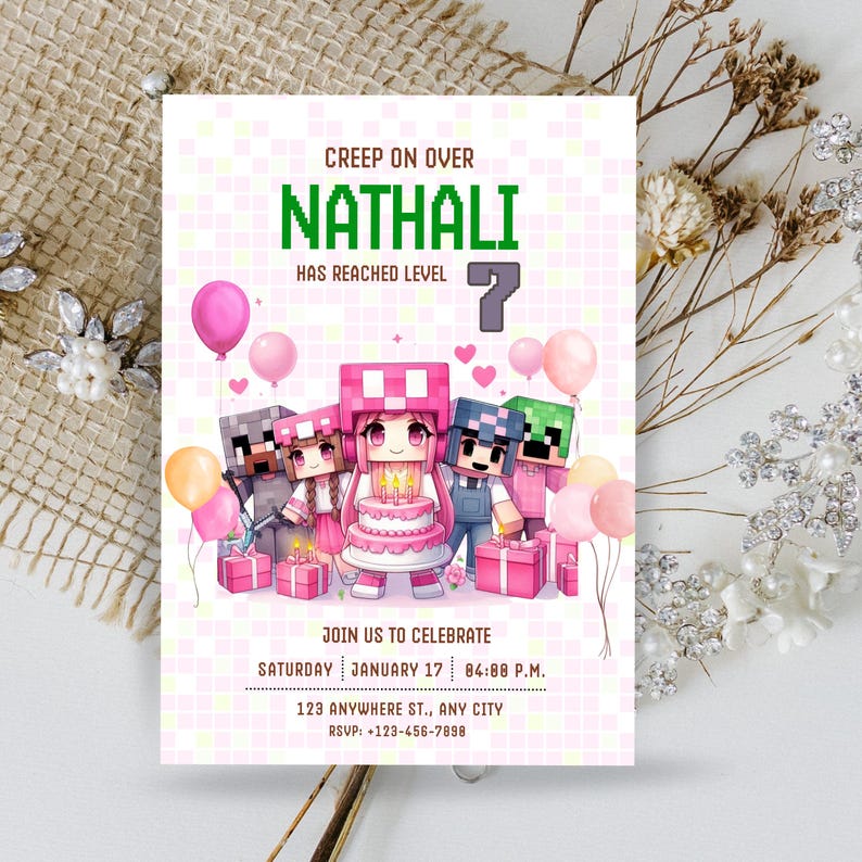 Editable Girl Mine Pixel Block Birthday Party Invitation Template ...
