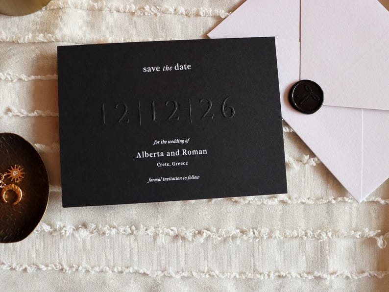 Black Emboss Save the Date Card, Minimal Embossed Wedding Announcement ...