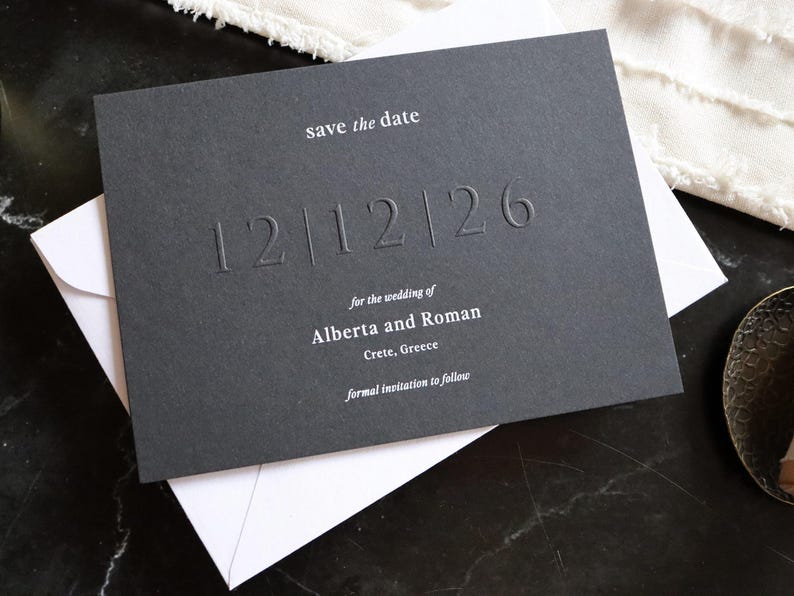 Black Emboss Save the Date Card, Minimal Embossed Wedding Announcement ...