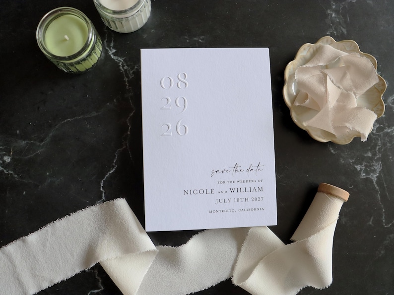 Minimal Embossed Save the Date Card, Elegant Wedding Invitation, Modern ...