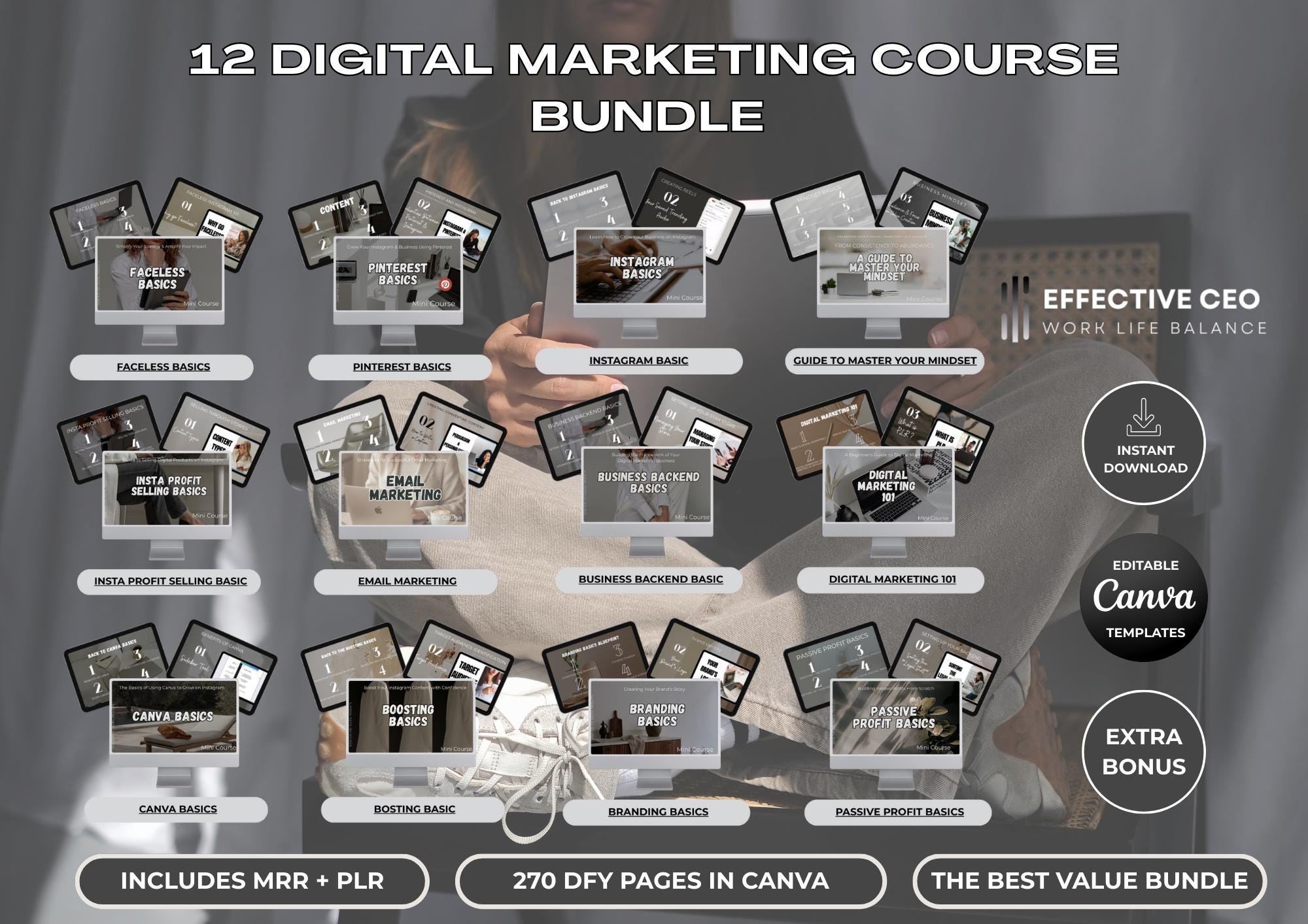 Effective CEO Digital Marketing Course Bundle: PLR MRR, Canva Templates ...