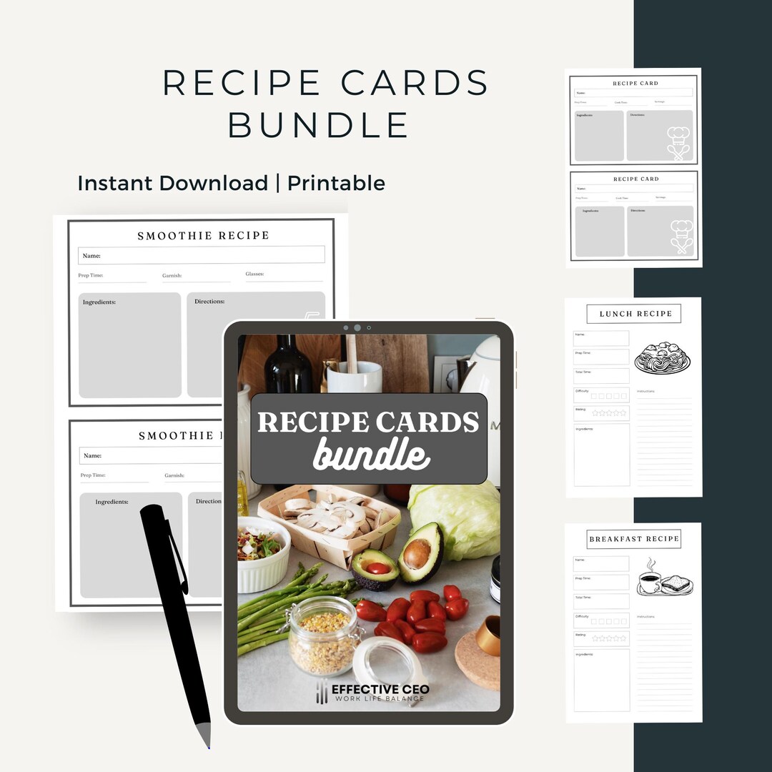 Printable Recipe Card Bundle: Meal Planner, Grocery List & Kitchen ...