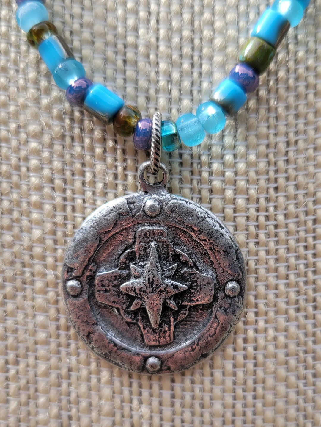 Compass Rose/cross Hand-cast Antique Silver-tone Metal, Czech Glass ...