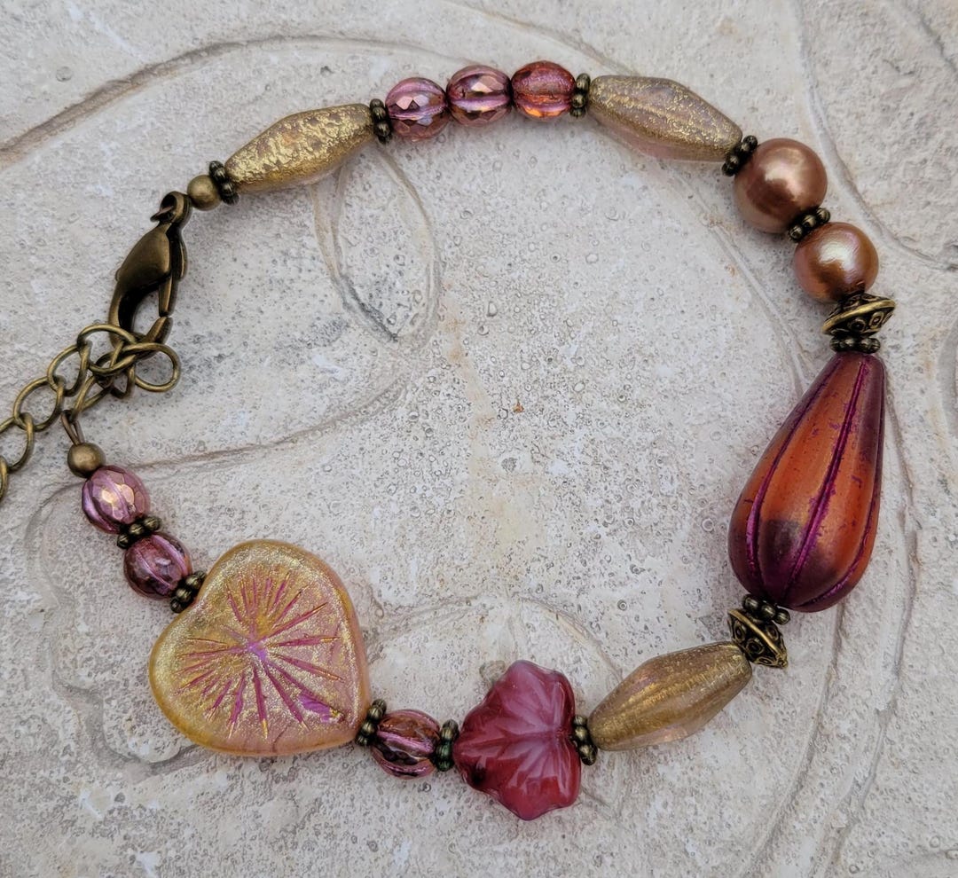 Gold Frosted Czech Heart and Bi-cones, Fresh Water Pearls, Fire Polish ...