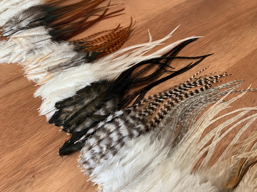 Short Rooster Hair Extension Feathers: Natural Colors, Grizzly Saddle ...