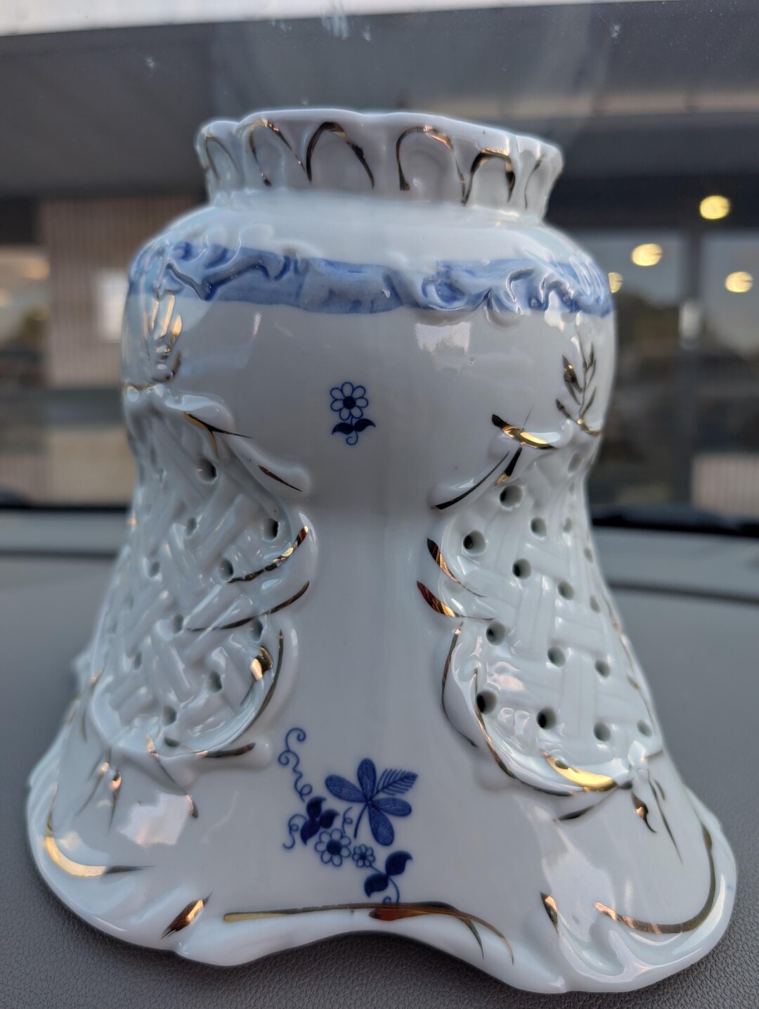 Vintage Reticulated Porcelain Fairy Lamp Shade – Blue & White Basket ...