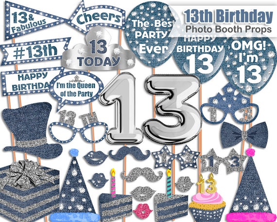 PRINTABLE Birthday photo booth props, 13th Birthday, Denim, Diamonds ...