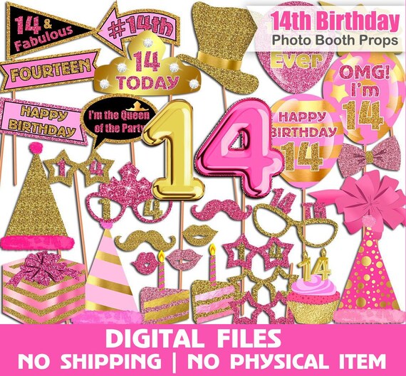 14th Birthday photo booth props, Pink, Gold, 14th Birthday, Birthday ...