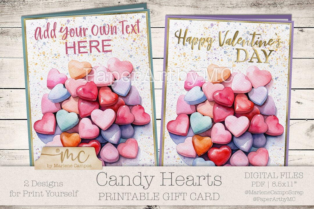 PRINTABLE Valentine Gift Card Candy Hearts 2 Designs, Valentine's Day ...