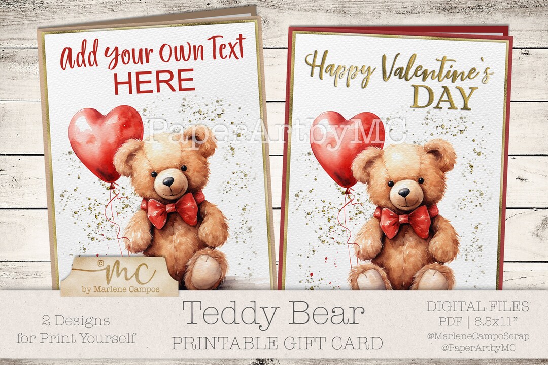 PRINTABLE Valentine Gift Card Teddy Bear With Balloons 2 Designs ...