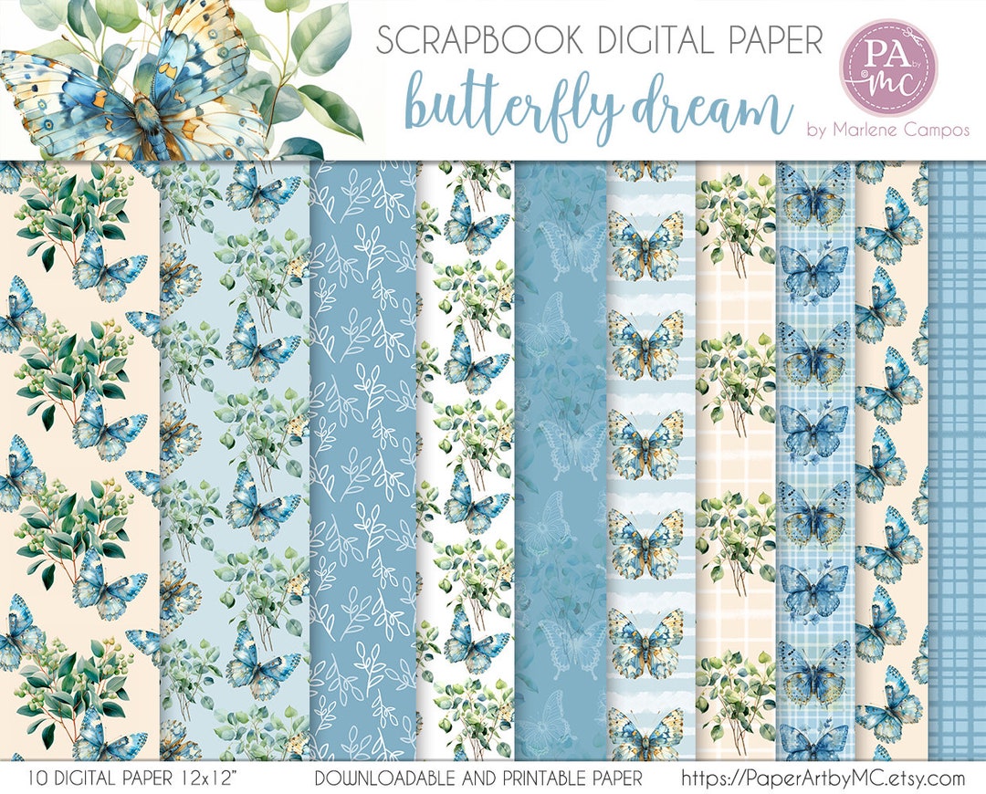 Butterfly Digital Paper, Butterfly Dream, Blue, Ivory, Scrapbook Paper ...