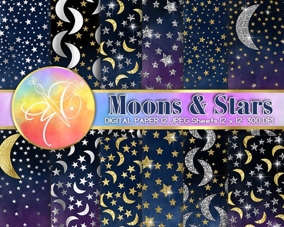 Moon and Stars Digital Paper, Stars digital paper, Moon Digital Paper ...