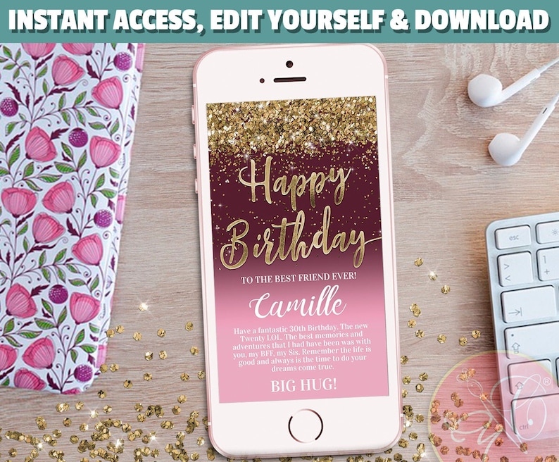 Happy Birthday Electronic Card Phone Card Rose Gold Gold - Etsy