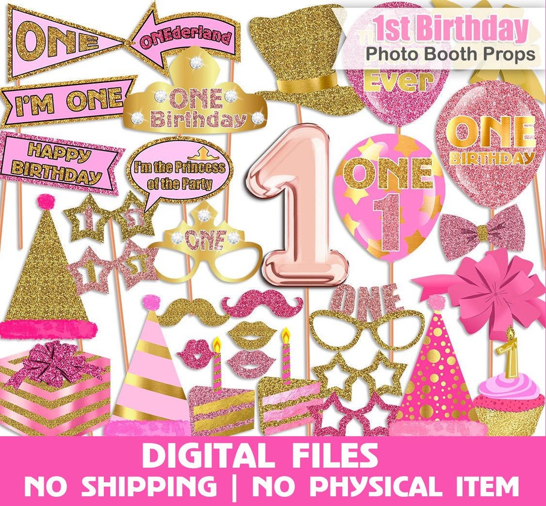 1st Birthday Photo Booth Props, Pink Birthday Party, Birthday Photo ...