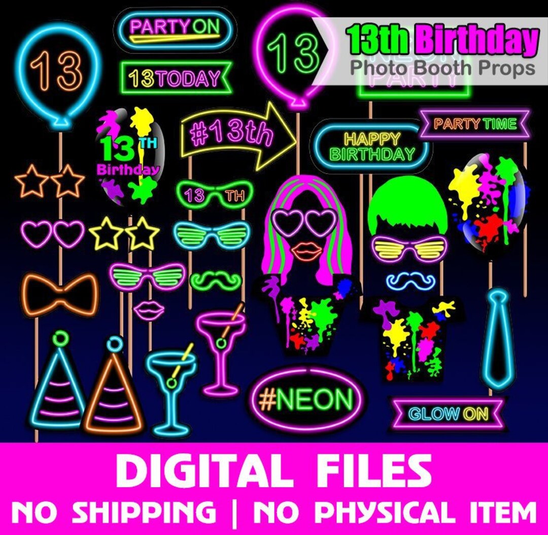 13th Neon Birthday, 13th Photo Booth Props, Neon Party, Birthday Photo ...