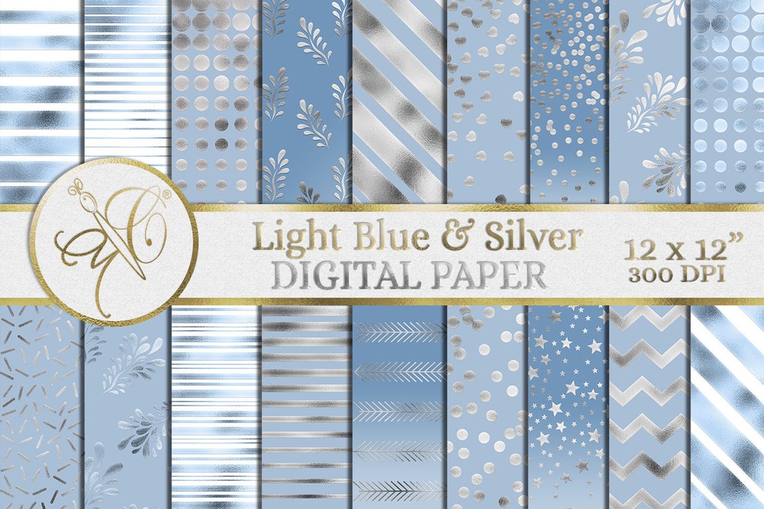 Light Blue and Silver Digital Paper, Foil Effect, Background Pattern ...