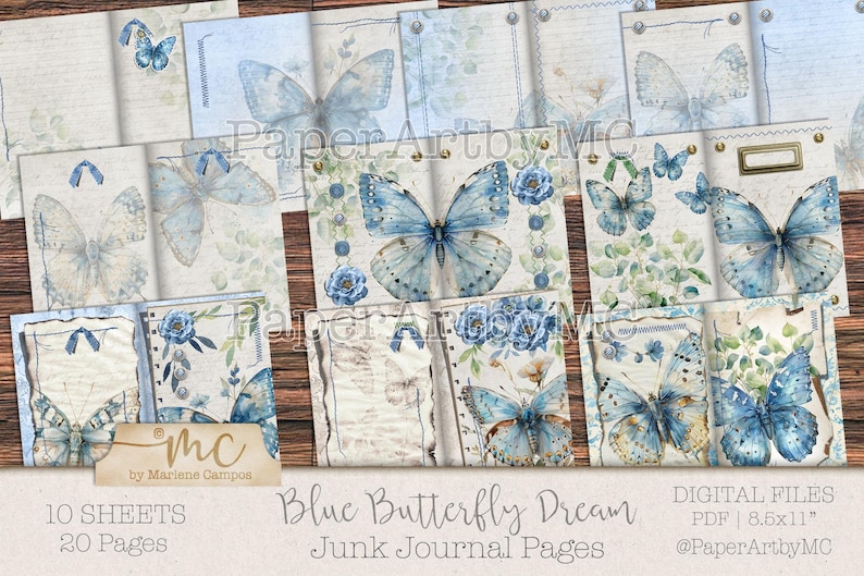 Blue Butterfly Junk Journal Kit, Printable Journaling Pages and ...