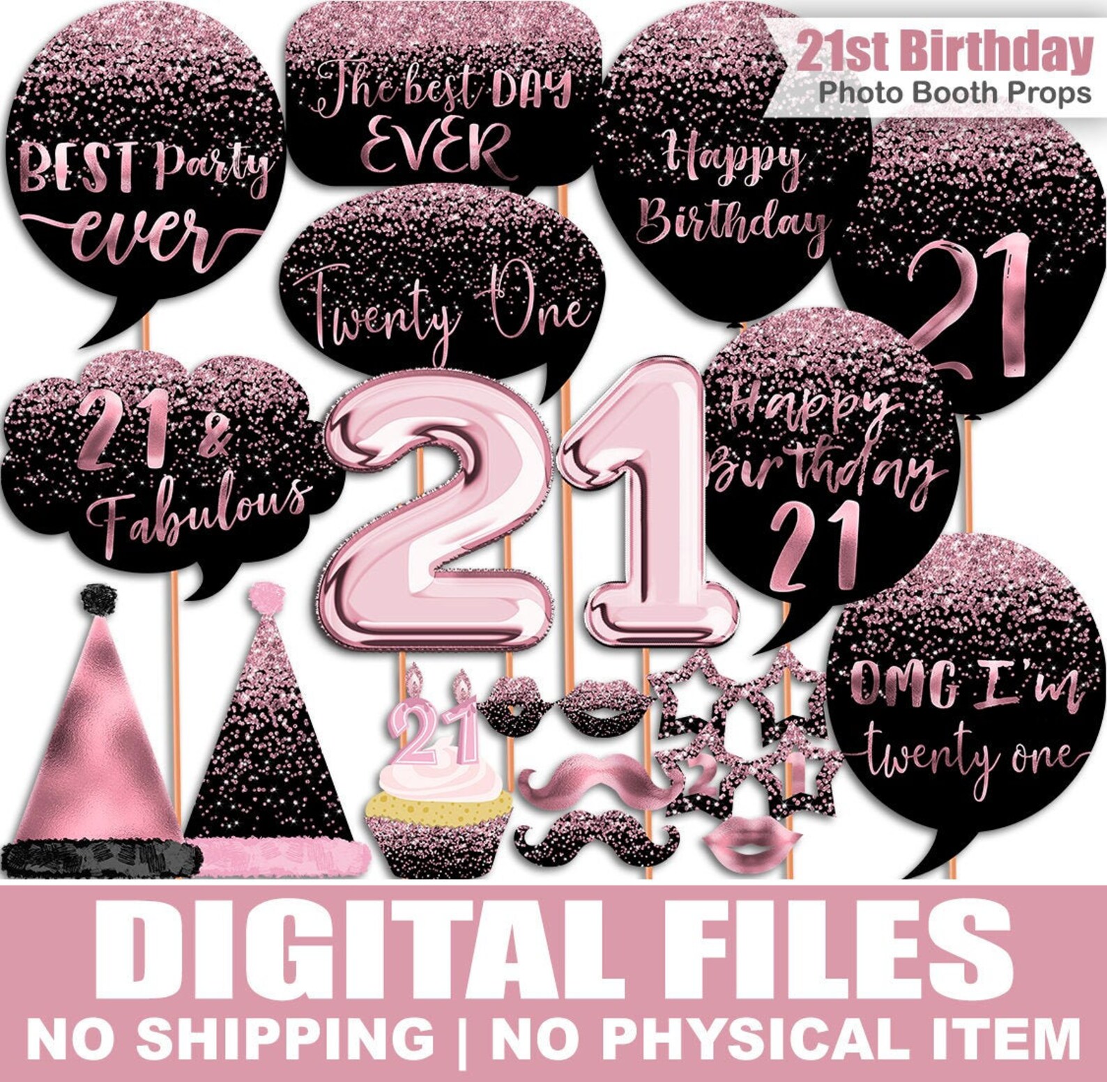21st Birthday Photo Booth Props Glitter Rose Gold Black - Etsy