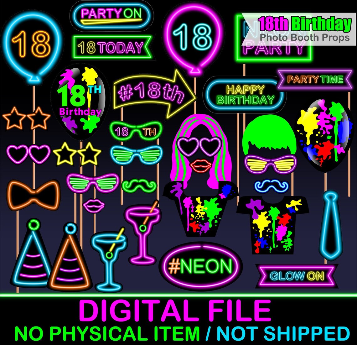 18th Neon Birthday Photo Booth Props Neon Party Birthday - Etsy