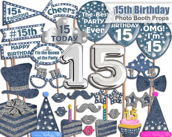 15th Birthday photo booth props, Denim, Diamonds, Crystal Sparkly ...