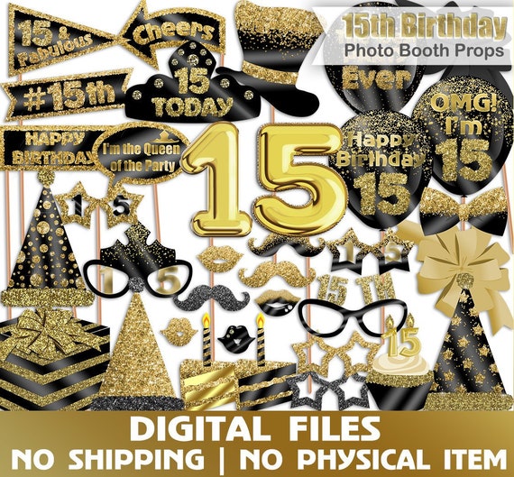 15th Birthday photo booth props, Luxury Glitter, Gold, Black, 15th ...