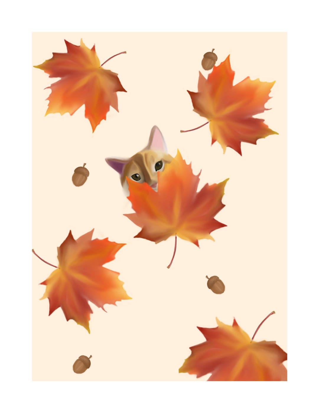 Autumn Cat Art Print: Fall Leaves, Acorns (digital Download) - Etsy