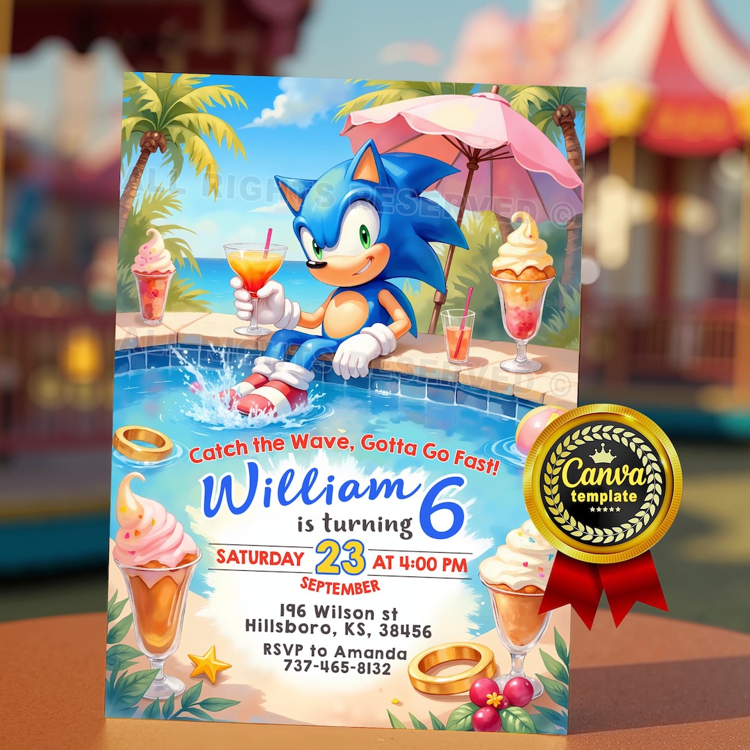 Sonic Pool Party Invitation – Editable Canva Template | Digital ...