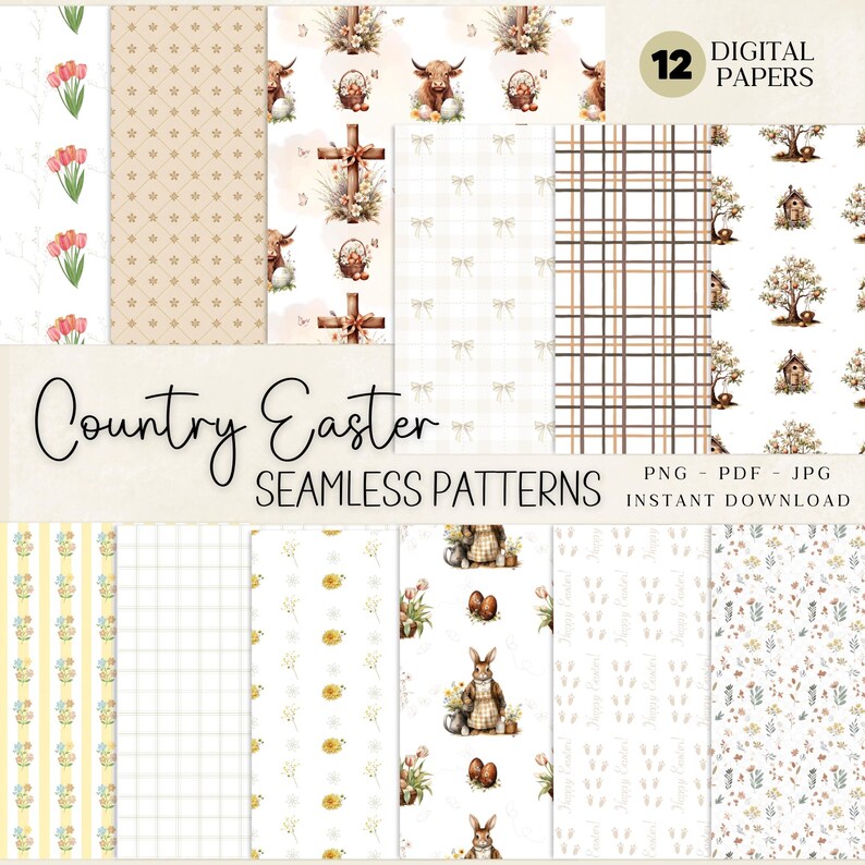 Seamless Pattern Country Easter, Cow, Rabbit, Spring, Scrapbooking ...