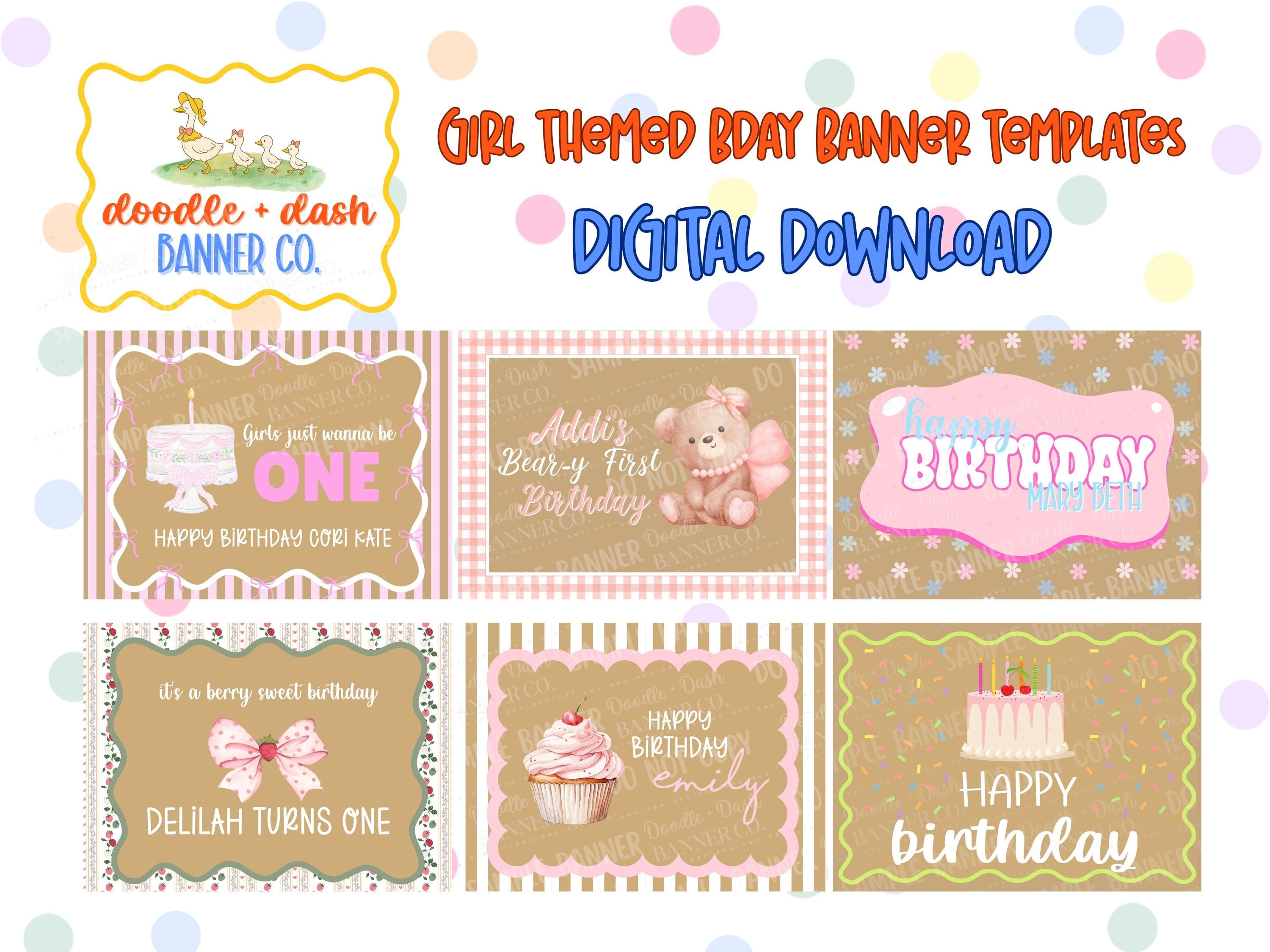 Pink + Girly Birthday Banner Templates | Set of 8 | Canva Download ...