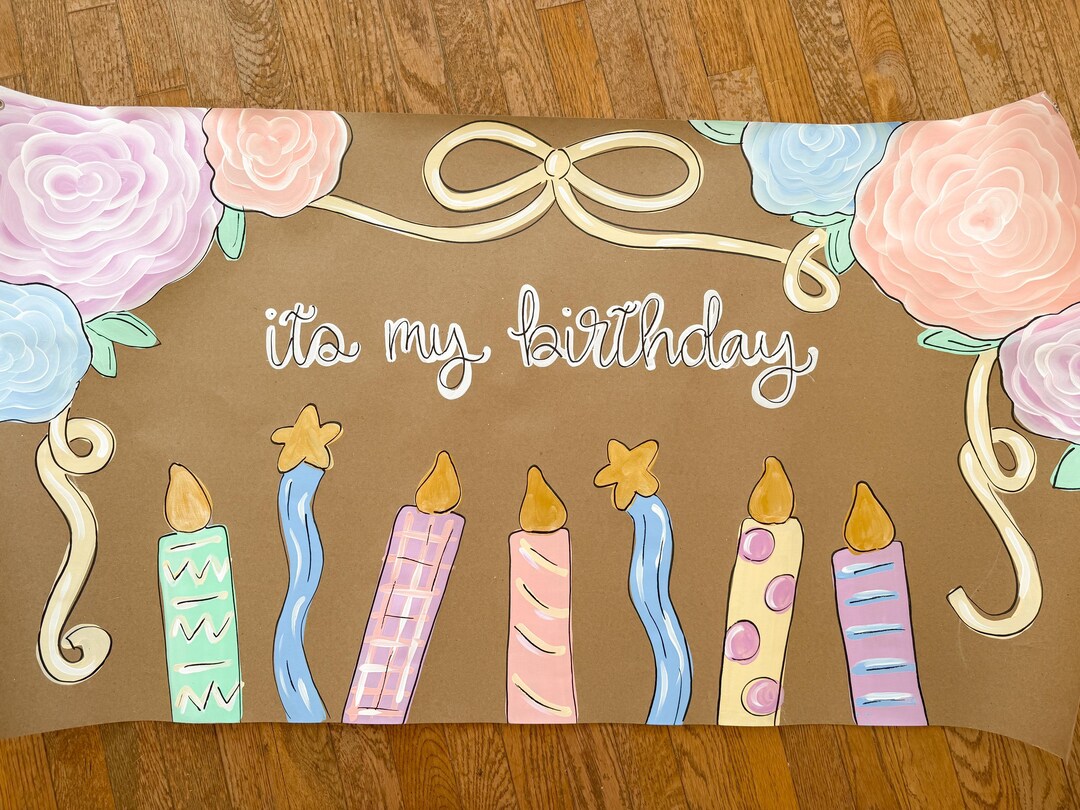 Hand-painted Birthday Banner, Pastel Candles, Flowers, and Bow - Etsy