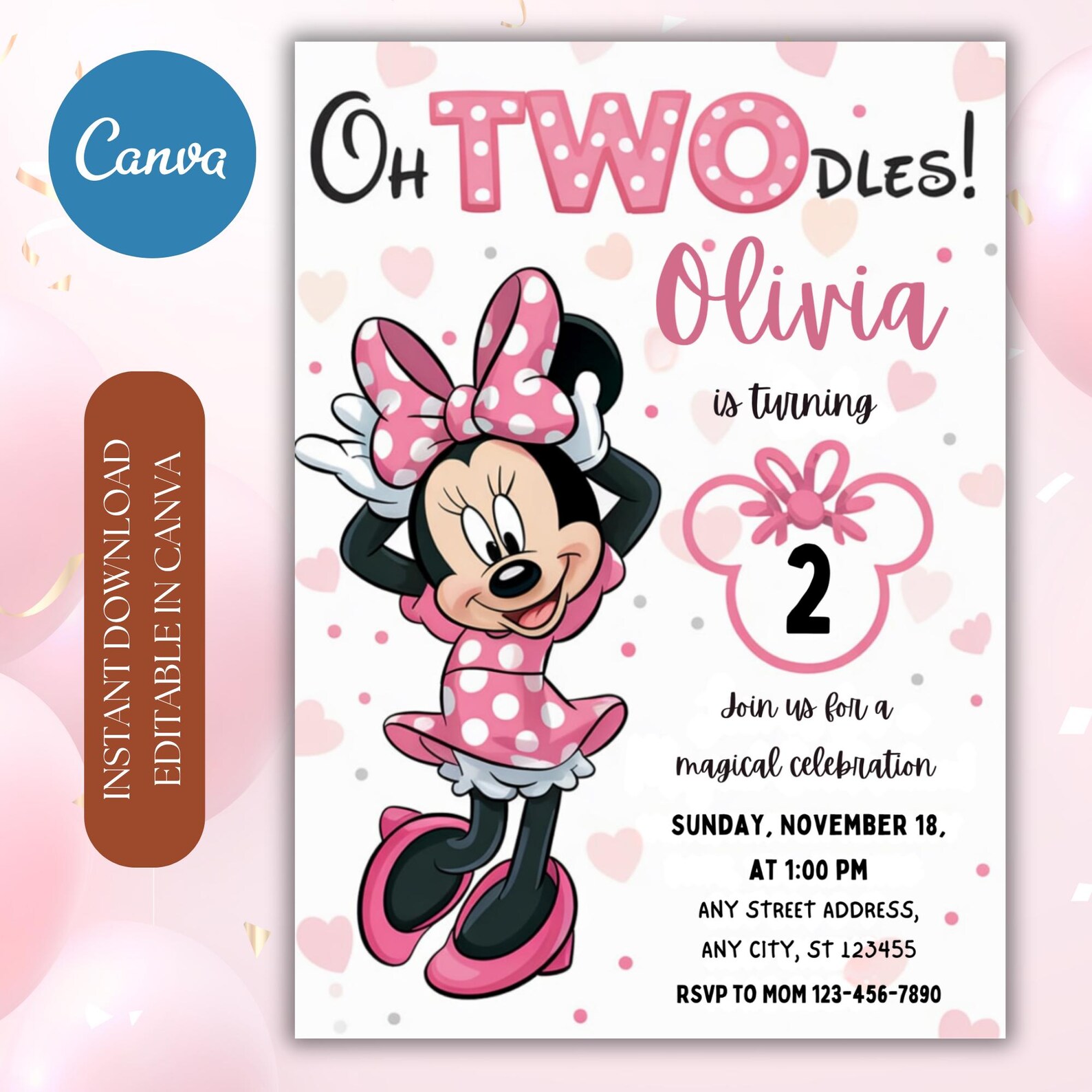 Plantilla de invitación de cumpleaños de Minnie Mouse: Diseño editable ...