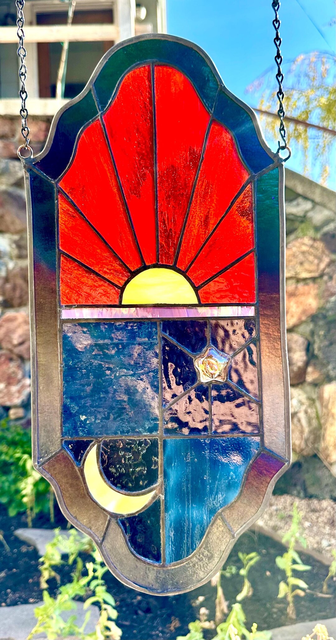Celestial Window Art, Sun, Moon, and Star in Real Stained Glass, Home ...