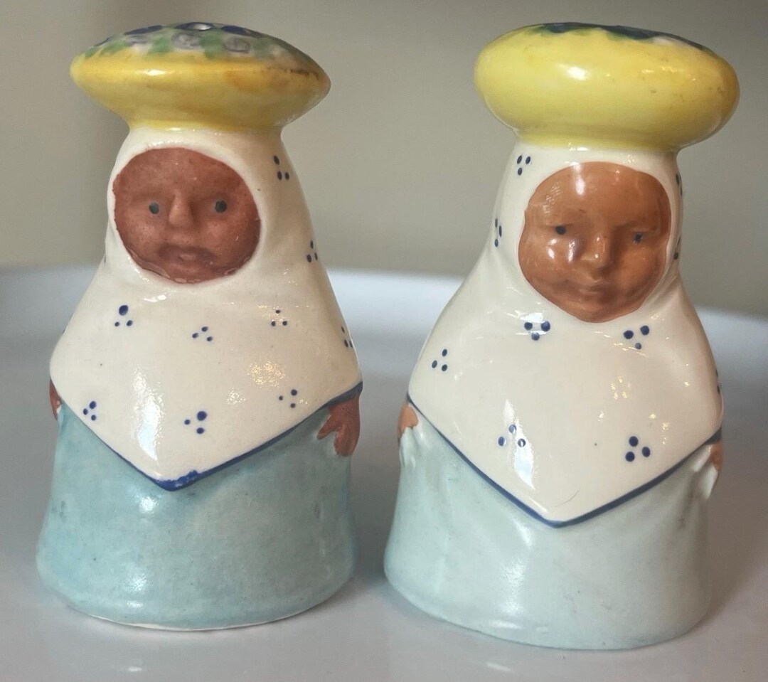 Vintage Hand-painted Ceramic Women Salt & Pepper Shakers | Folk Art ...