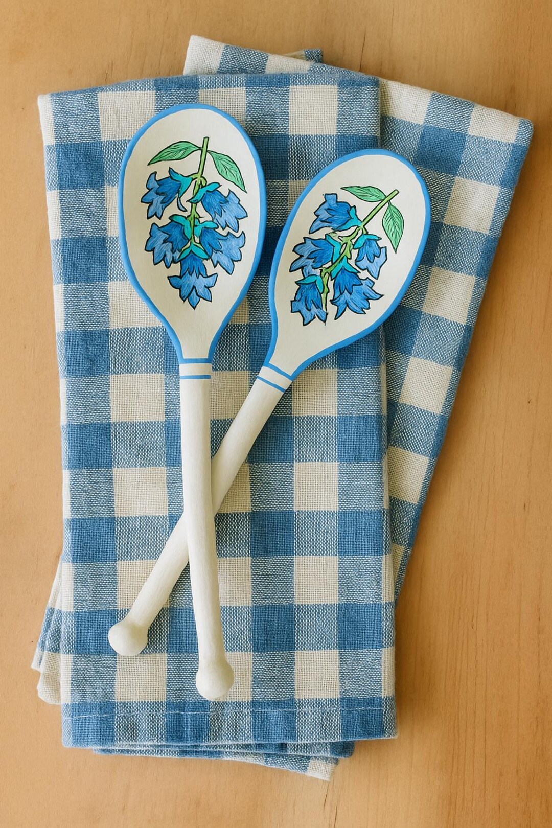 Hand Painted Folk Art Wooden Spoons Pair Blue Floral Rustic Farmhouse ...