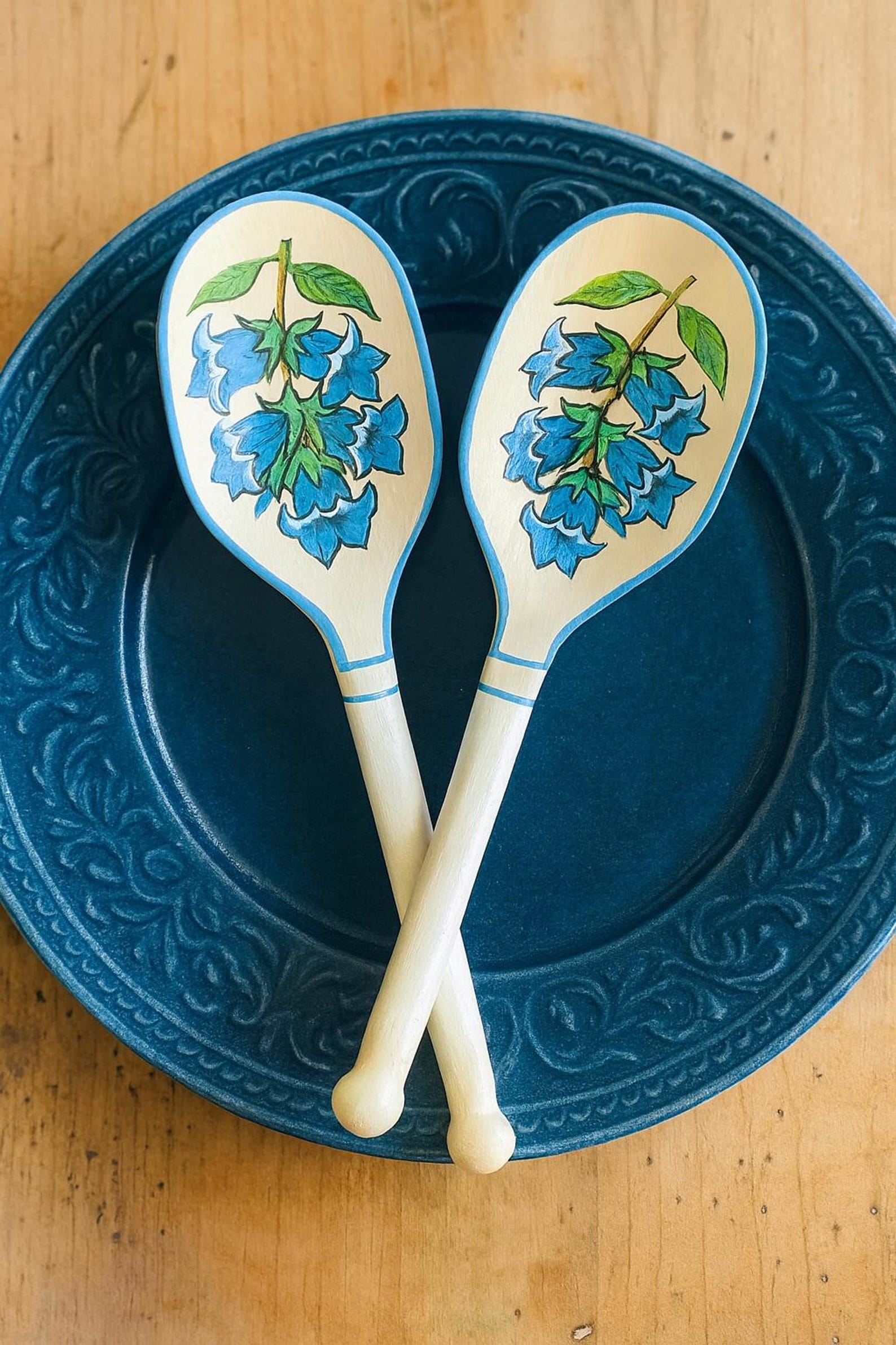 Hand Painted Folk Art Wooden Spoons Pair Blue Floral Rustic Farmhouse ...