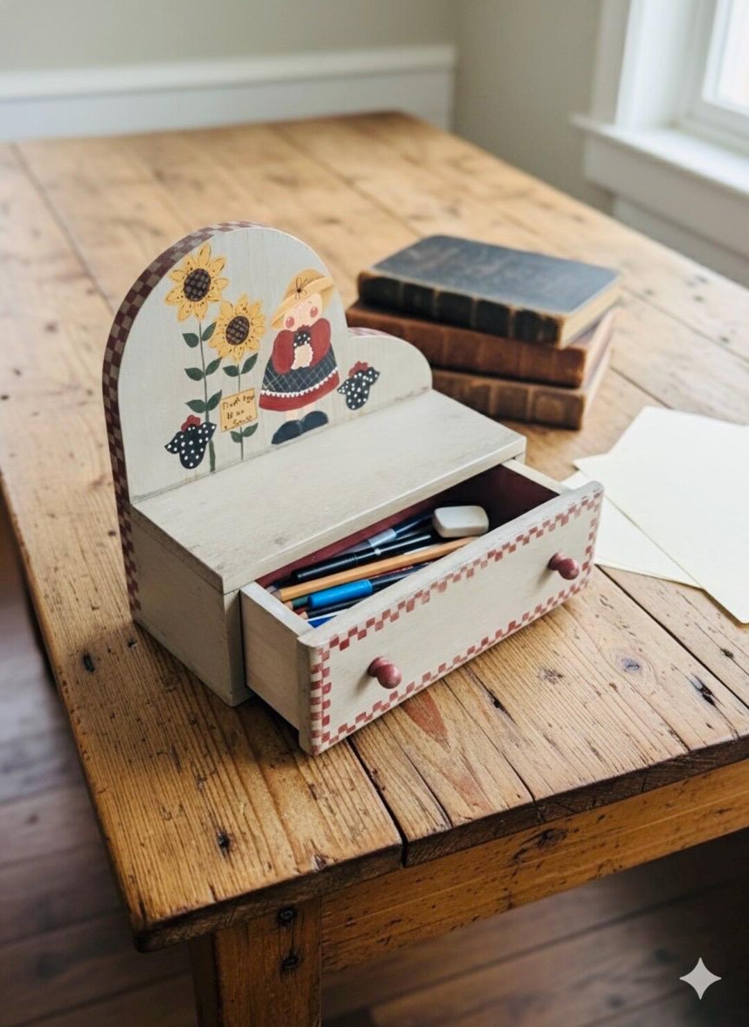 Vintage Hand-painted Wooden Folk Art Box With Sunflowers and Chickens ...