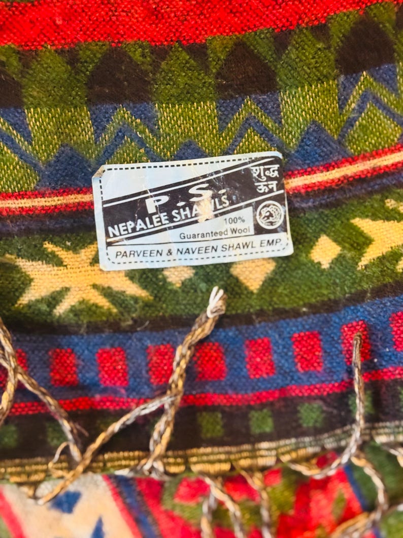 Vintage Nepalese Woven Shawl: Boho Blanket Scarf, Green & Red Ethnic ...