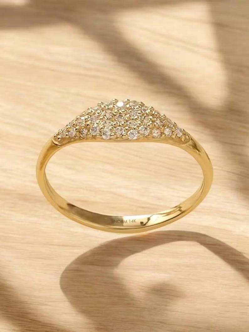 14K Gold Pave Diamond Ring, Minimalist Gold Band Ring, Dainty Wedding ...