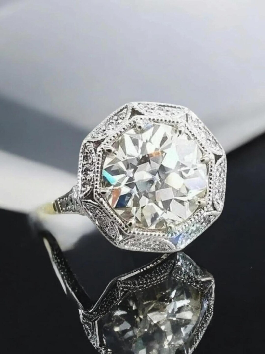 Art Deco Engagement Ring, Vintage Inspired Diamond Ring, Geometric Halo ...