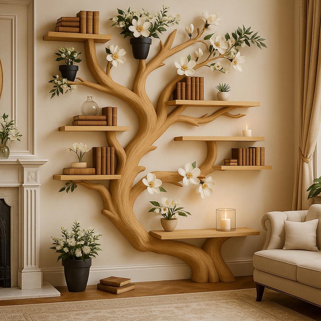 Rustic Book Shelves Tree With White Flowers for Living Room Area - Book ...