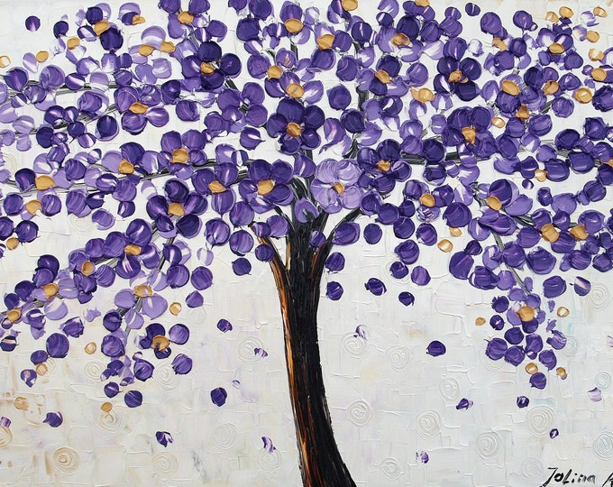 Original Violet Blossoms Tree Impasto Super Thick Textured Abstract ...